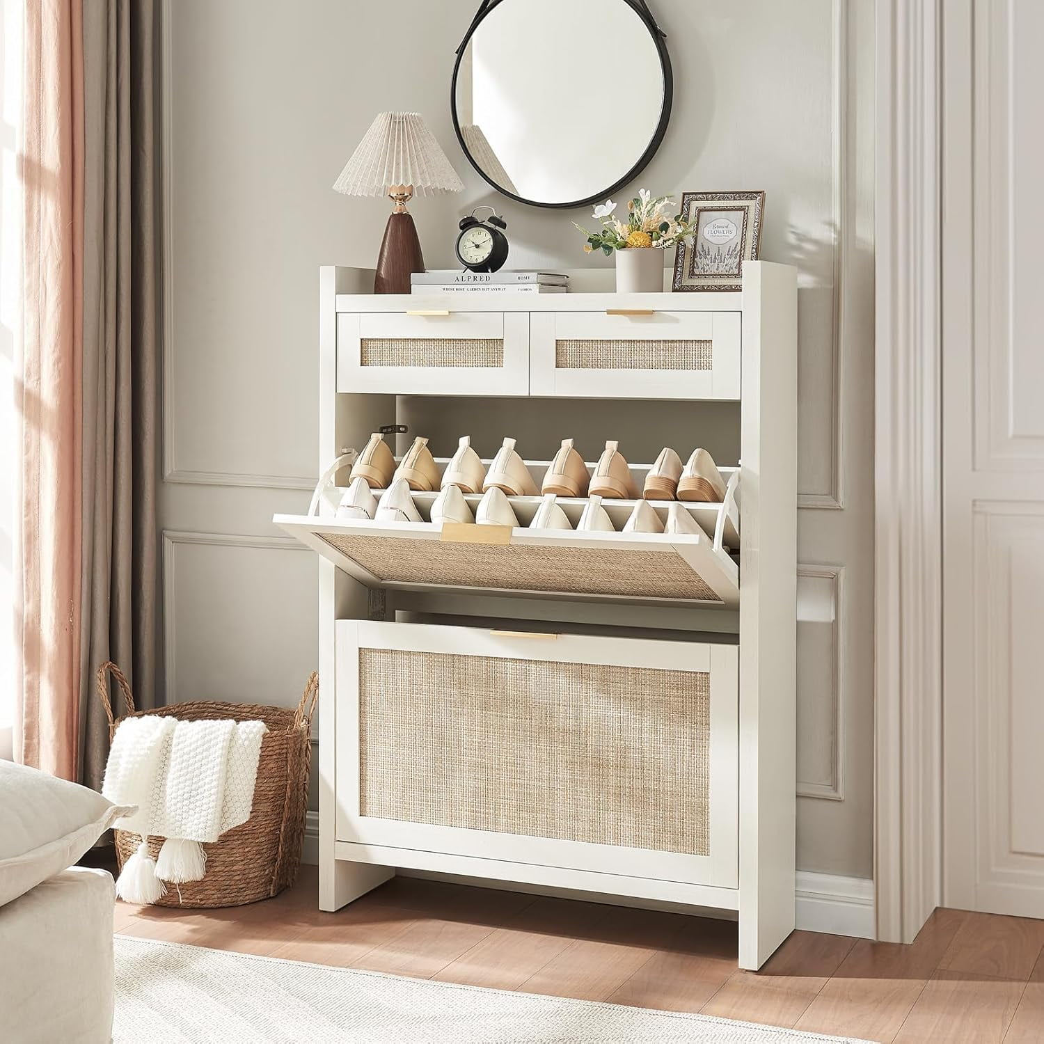 Rattan Shoe Storage Cabinet with 2 Drawers & 2 Flip Drawers – Hidden ...