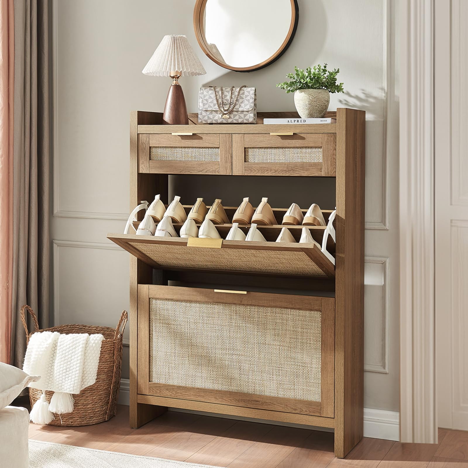 Rattan Shoe Storage Cabinet with 2 Drawers & 2 Flip Drawers – Hidden ...