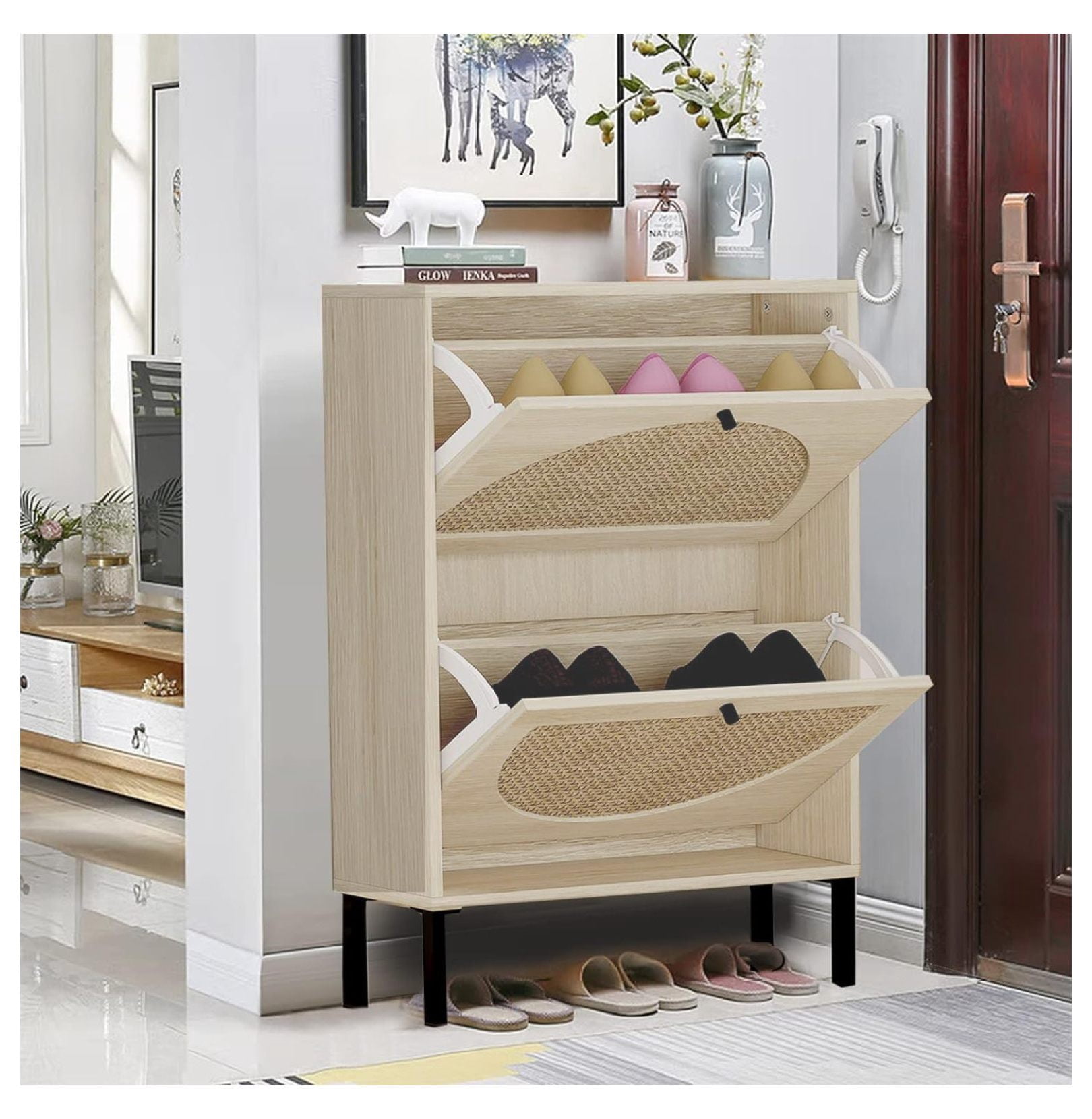 Rattan Shoe Storage Cabinet with 2 Drawers,Shoe Cabinet for Heels ...