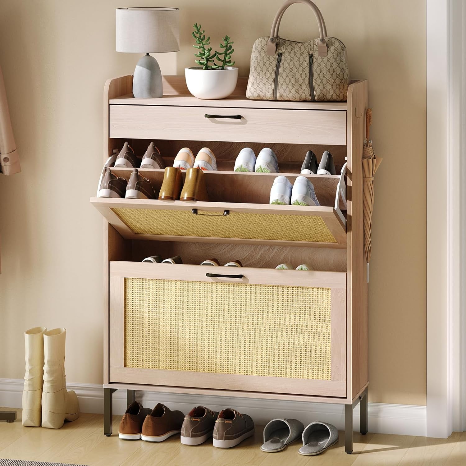 Rattan Shoe Storage Cabinet with 2 Flip Drawers and 1 Drawer, Narrow ...