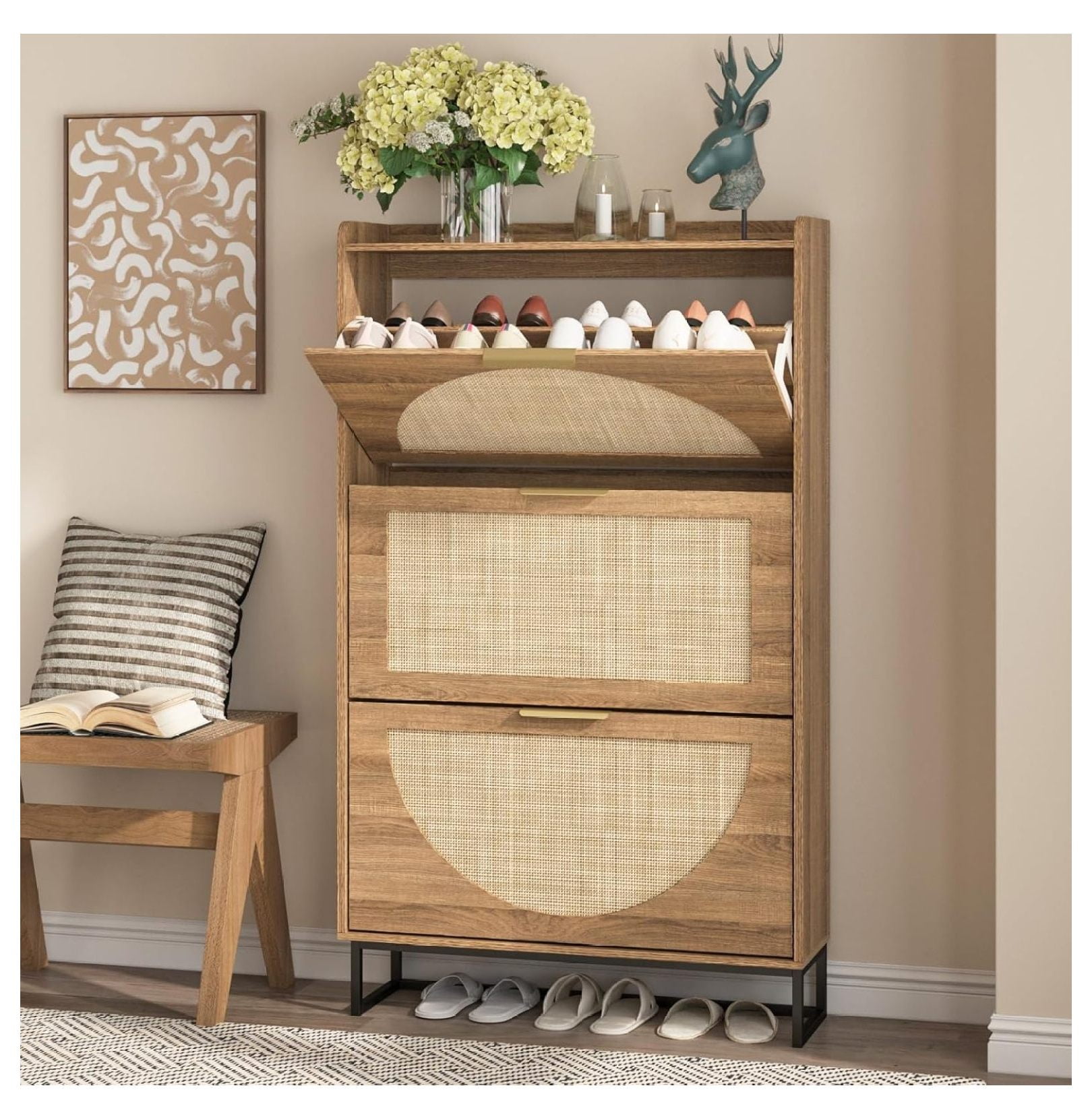 Rattan Shoe Storage Cabinet with 3 Drawers, Freestanding Shoe Organizer ...