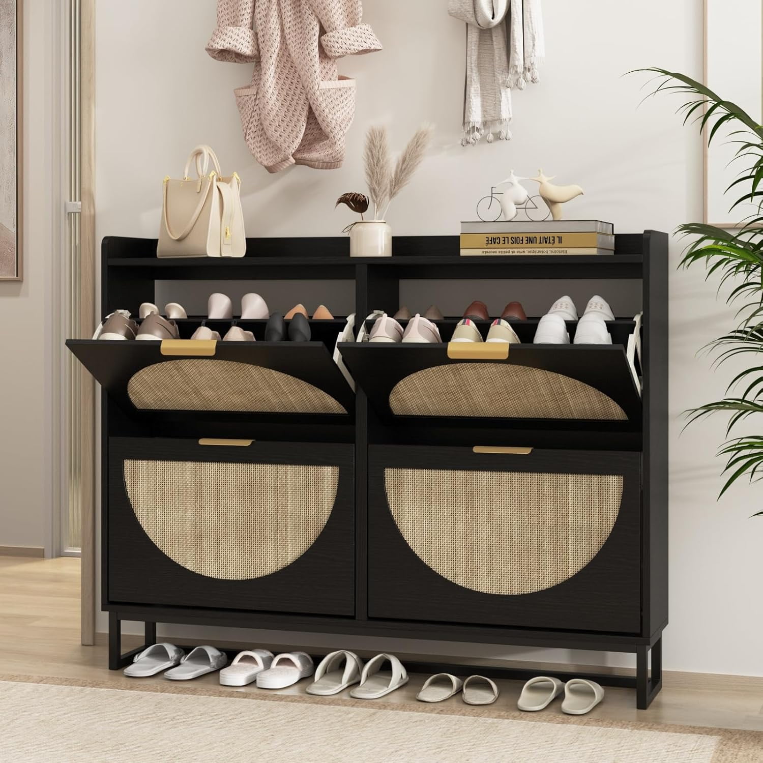 Rattan Shoe Storage Cabinet with 3 Flip Drawers Freestanding Shoe ...