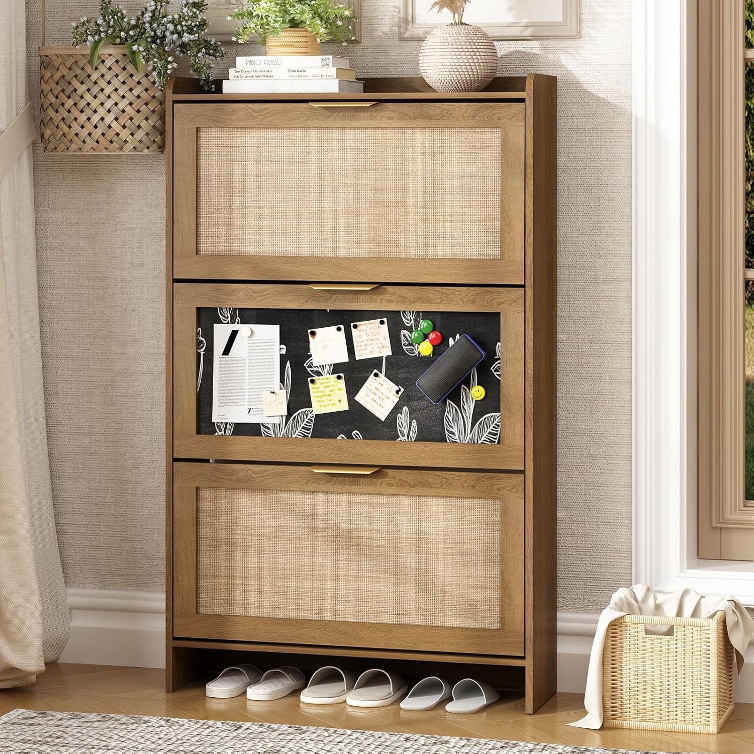 Rattan Shoe Storage Cabinet with 3 Flip Drawers & Magnetic Blackboard ...