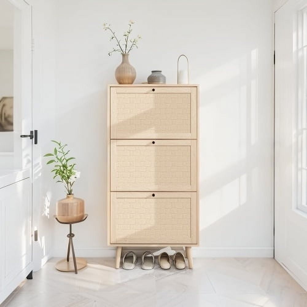 Rattan Shoe Storage Cabinet with 3 Flip Drawers, Narrow Woven Shoe ...