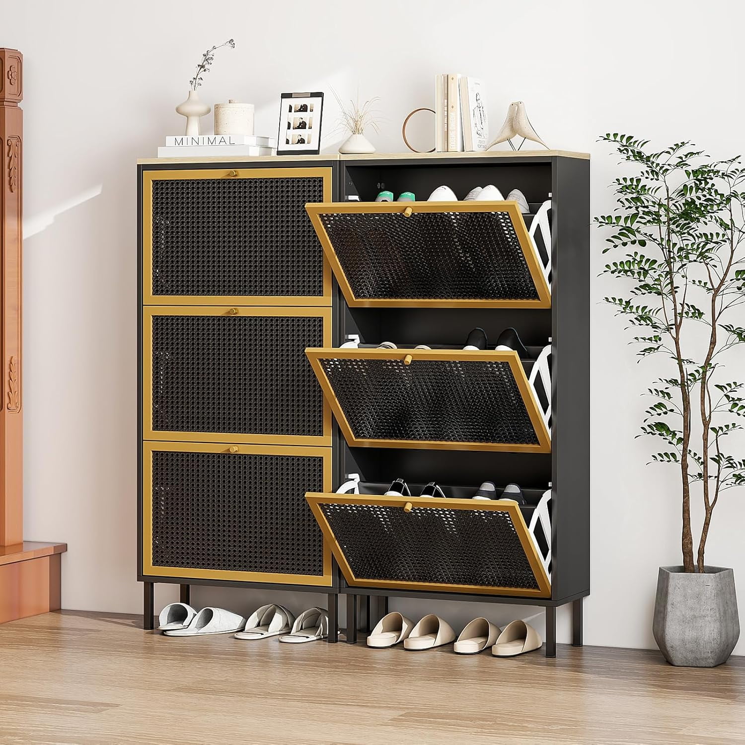 Rattan Shoe Storage Cabinet with 4 Flip Drawers Modern Narrow Wooden ...