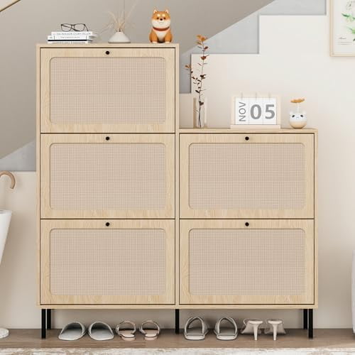 Rattan Shoe Storage Cabinet with 5 Flip Drawers, Modern Narrow Wooden ...