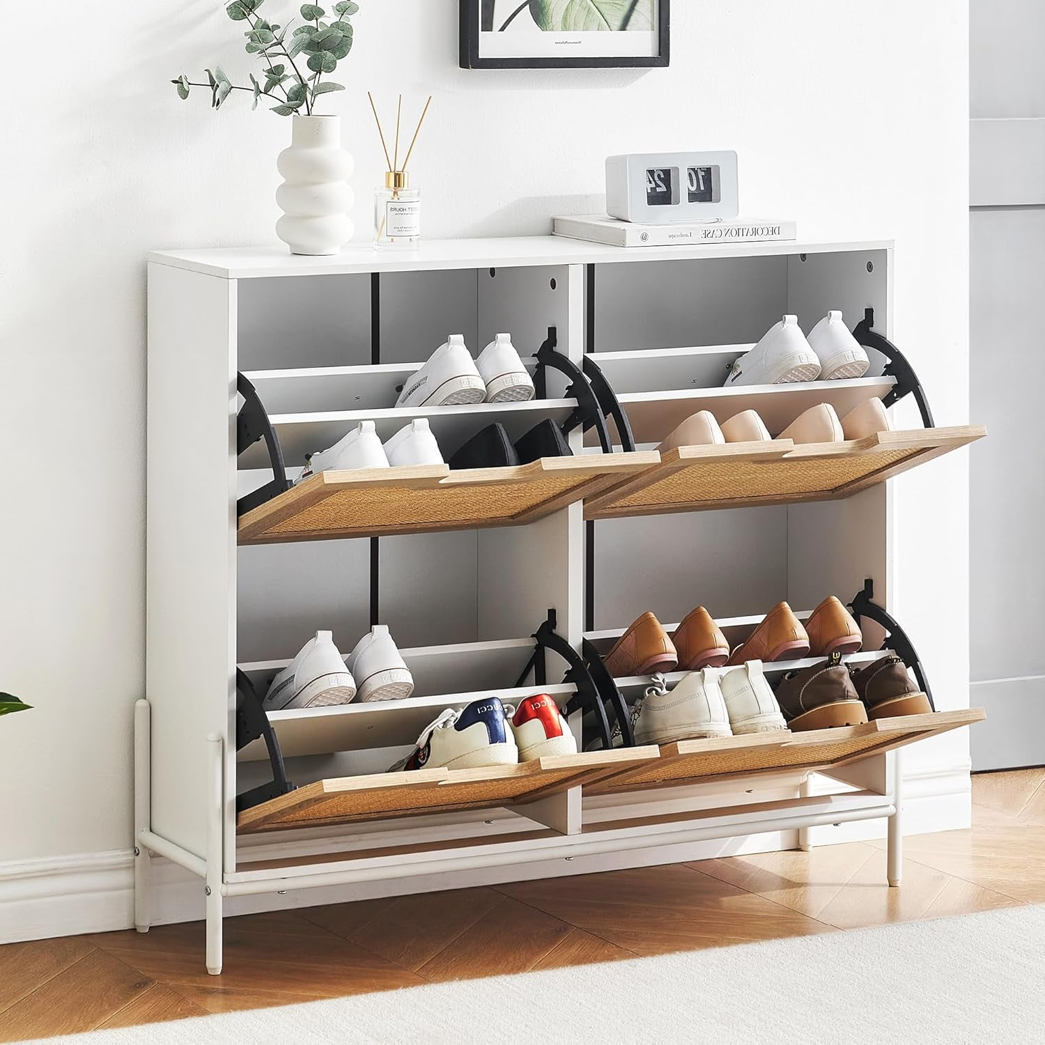 Rattan Shoe Storage Cabinet, Entryway Shoe Cabinet with 4 Flip Doors ...