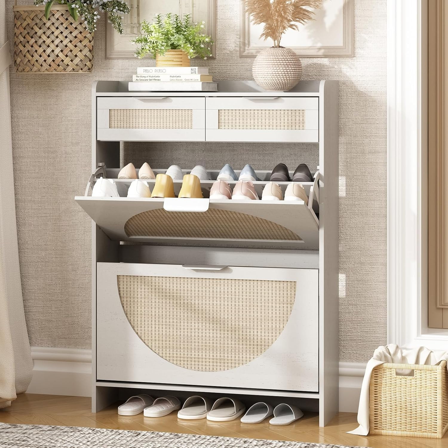 Rattan Shoe Storage Cabinet with Flip Drawers & Drawers, Freestanding ...