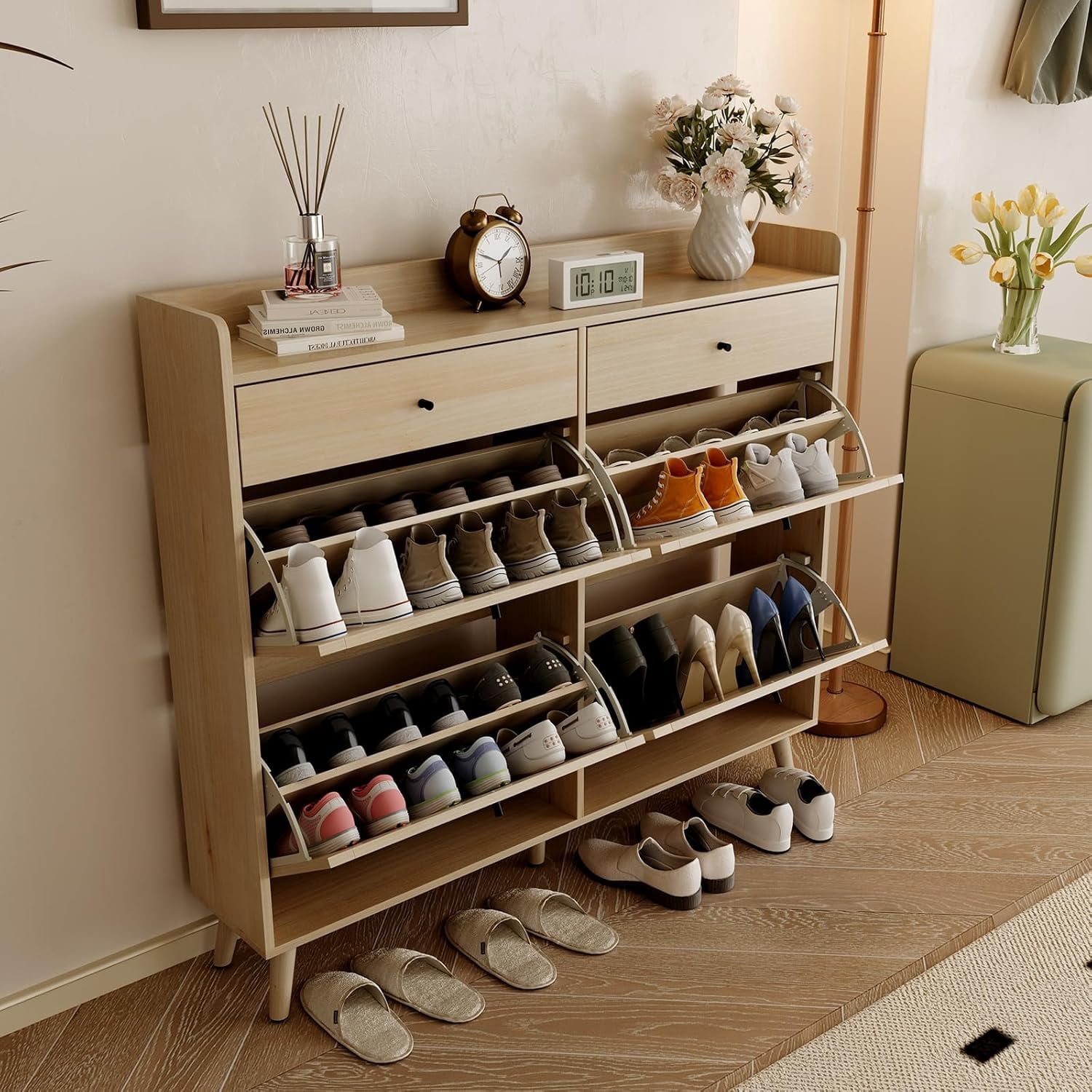 Rattan Shoe Storage Cabinet Shoe Organizer with 4 Flip Drawers 2 ...