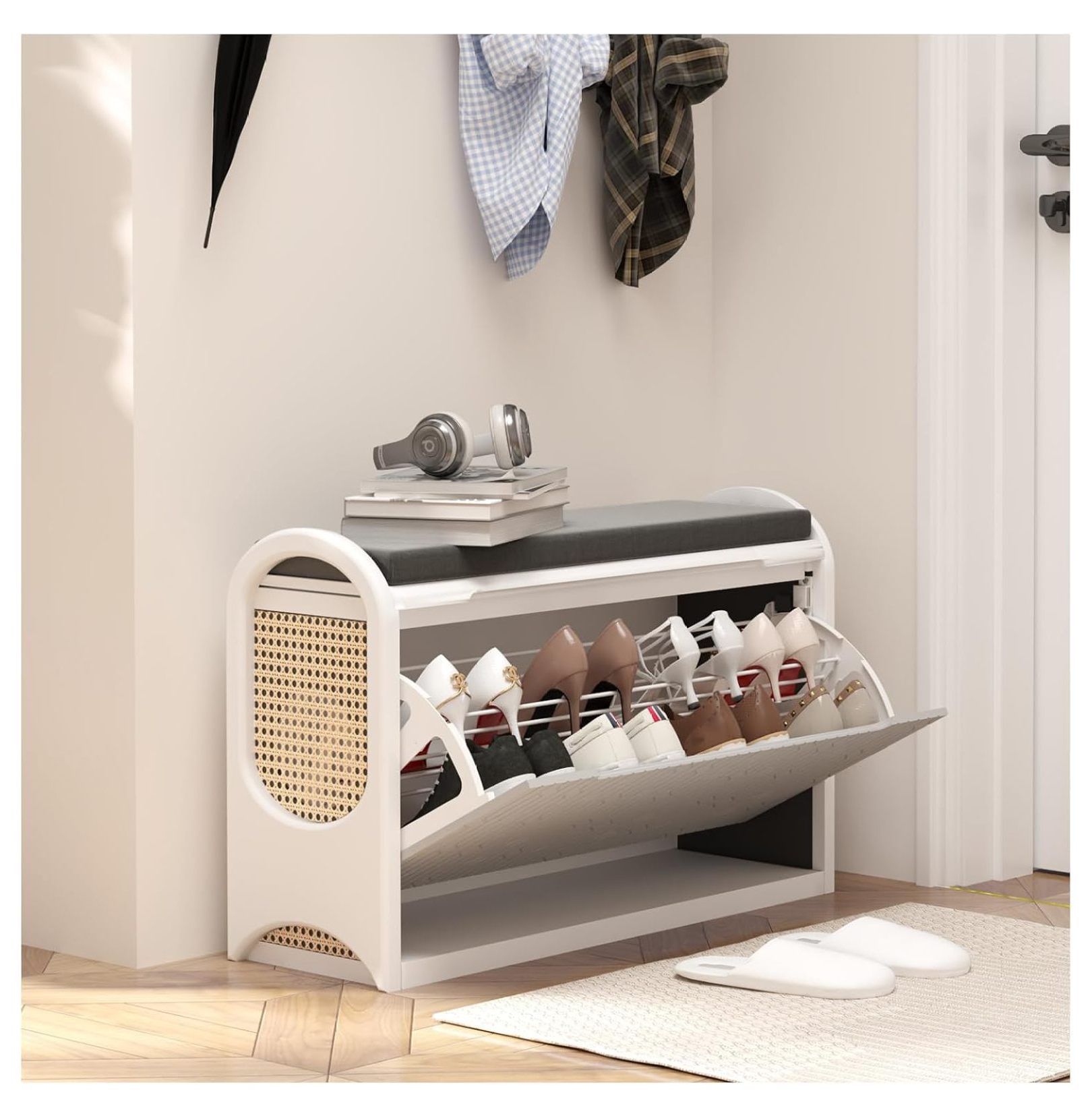 Rattan Shoe Storage Cabinet, Wooden Storage Shoe Organizer Bench with ...