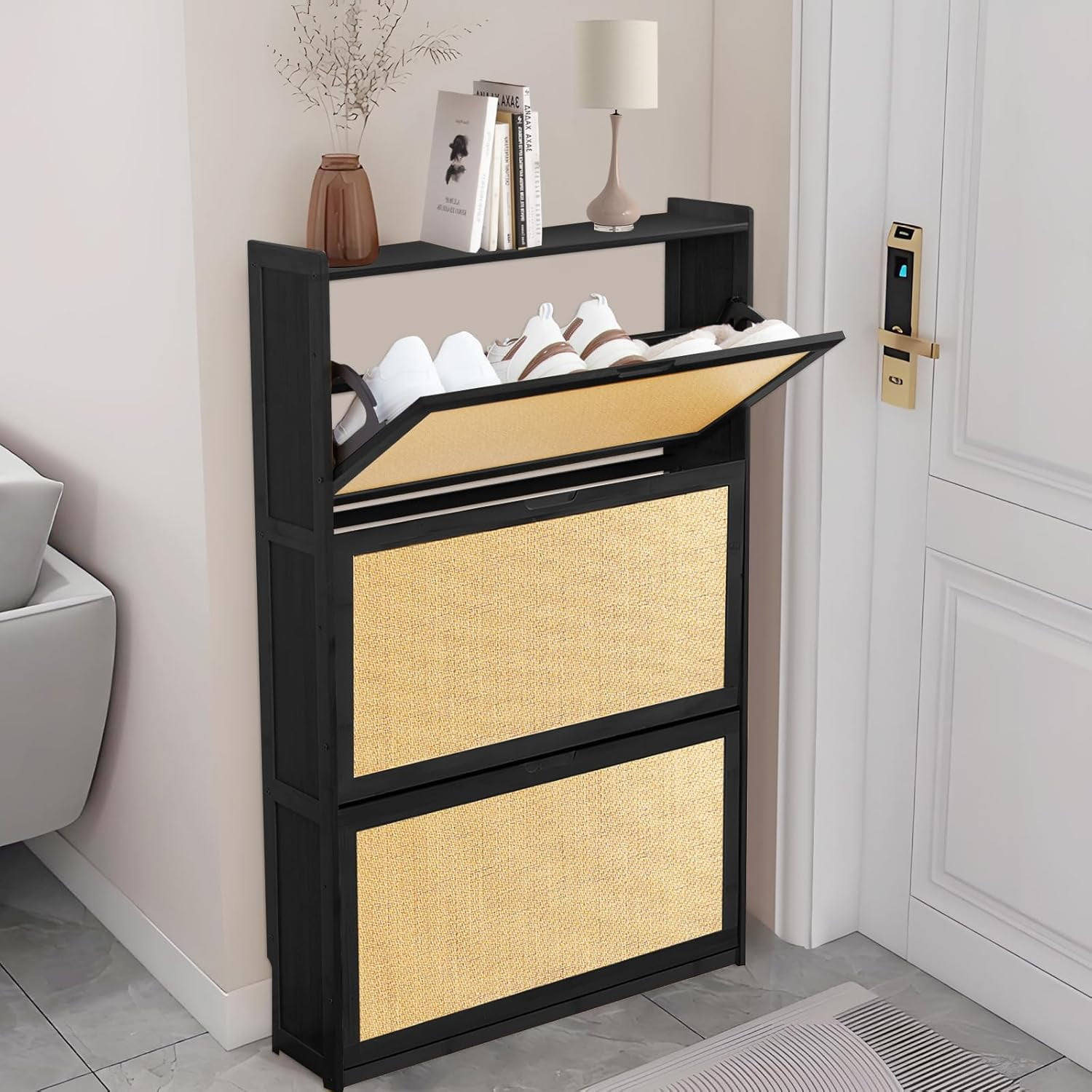 Rattan Shoe Storage Cabinet for Entryway, Bamboo Slim Shoe Cabinet with ...
