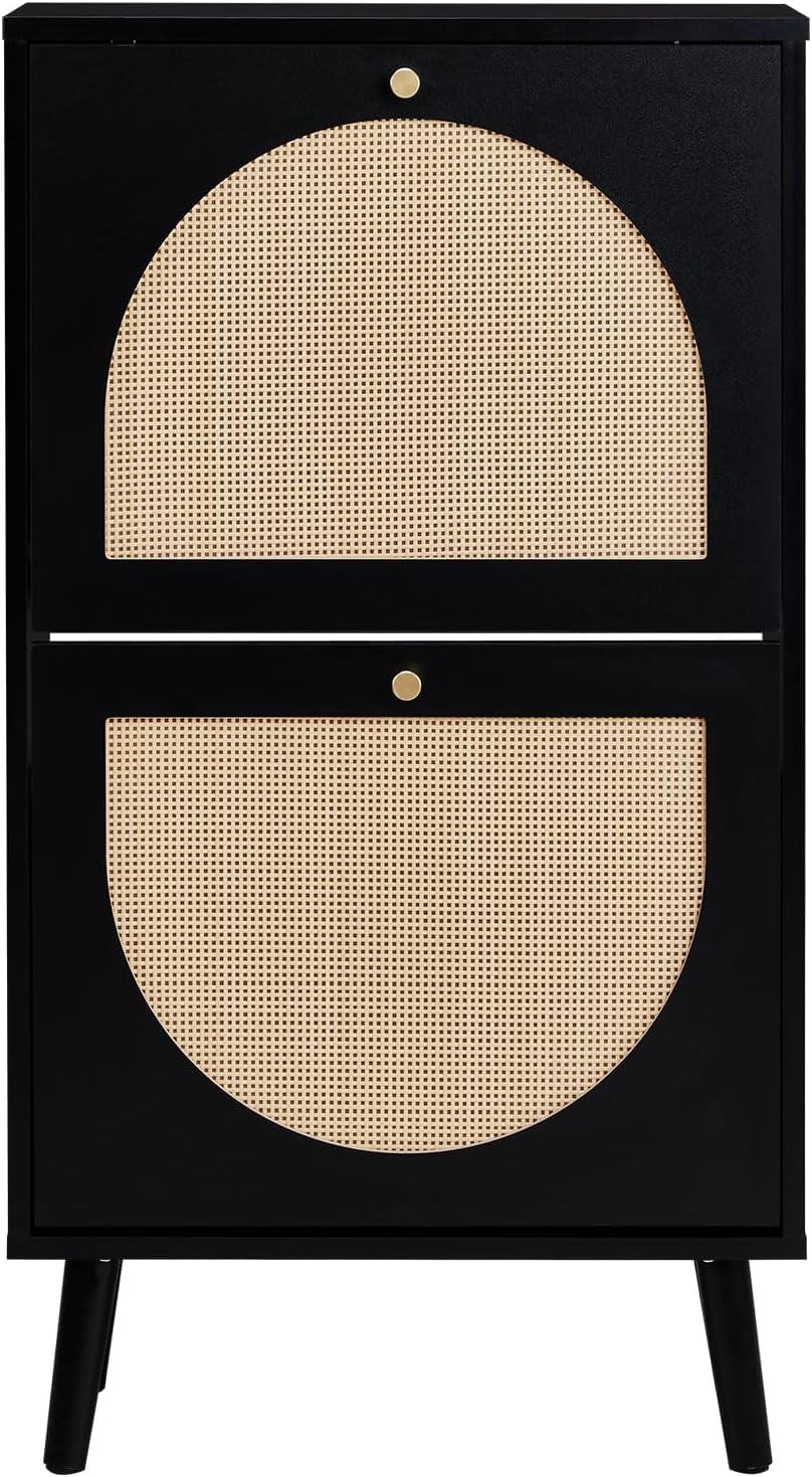 Rattan Shoe Storage Cabinet with Flip Drawers, Freestanding Shoe ...