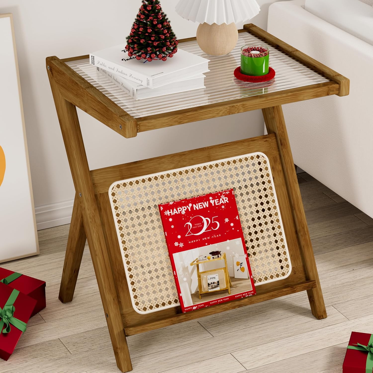 Rattan Side Table Boho NightStand Mid Century Modern End Table Glass ...