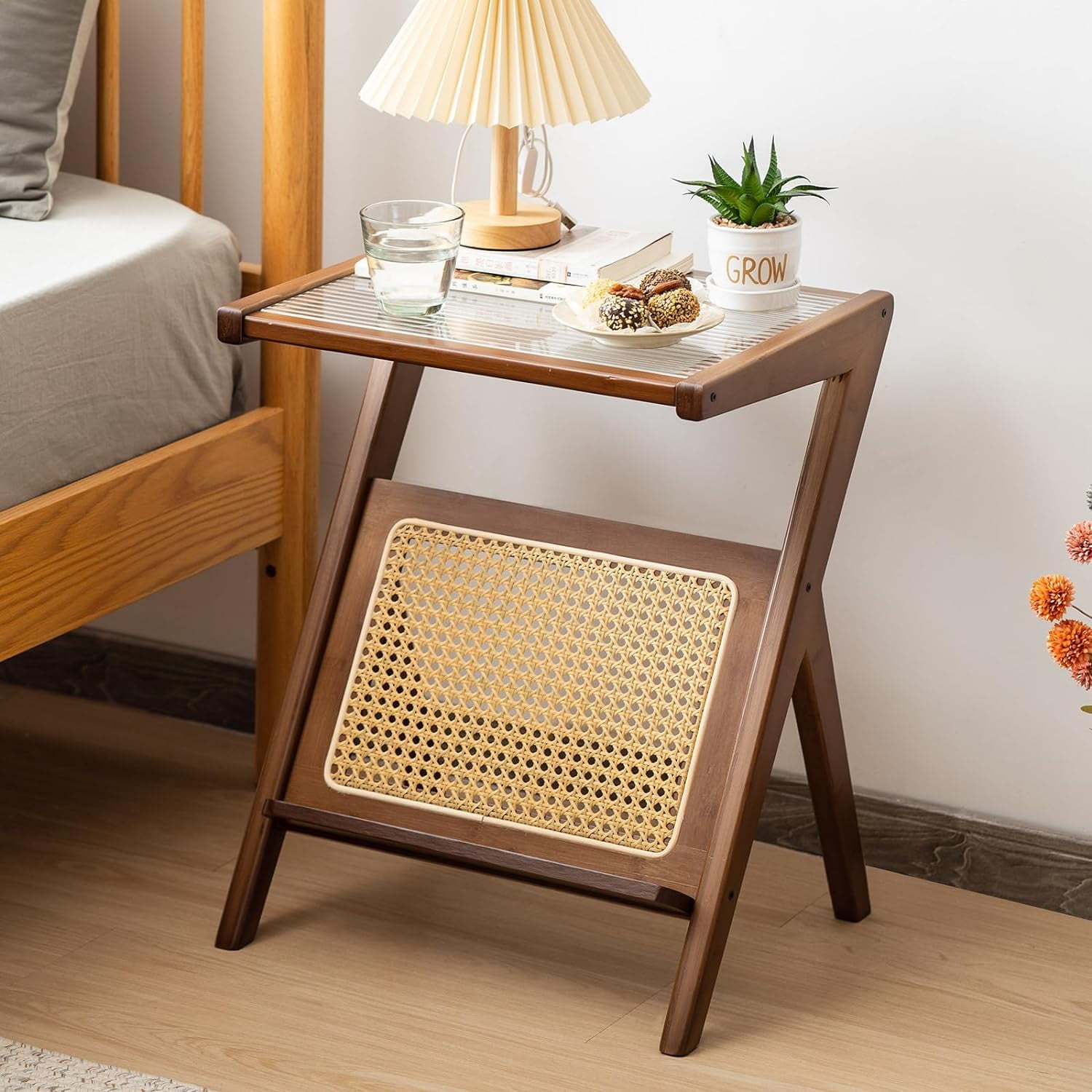 Rattan Side Table, Boho Nightstand with Glass Top & Magazine Rack, End ...