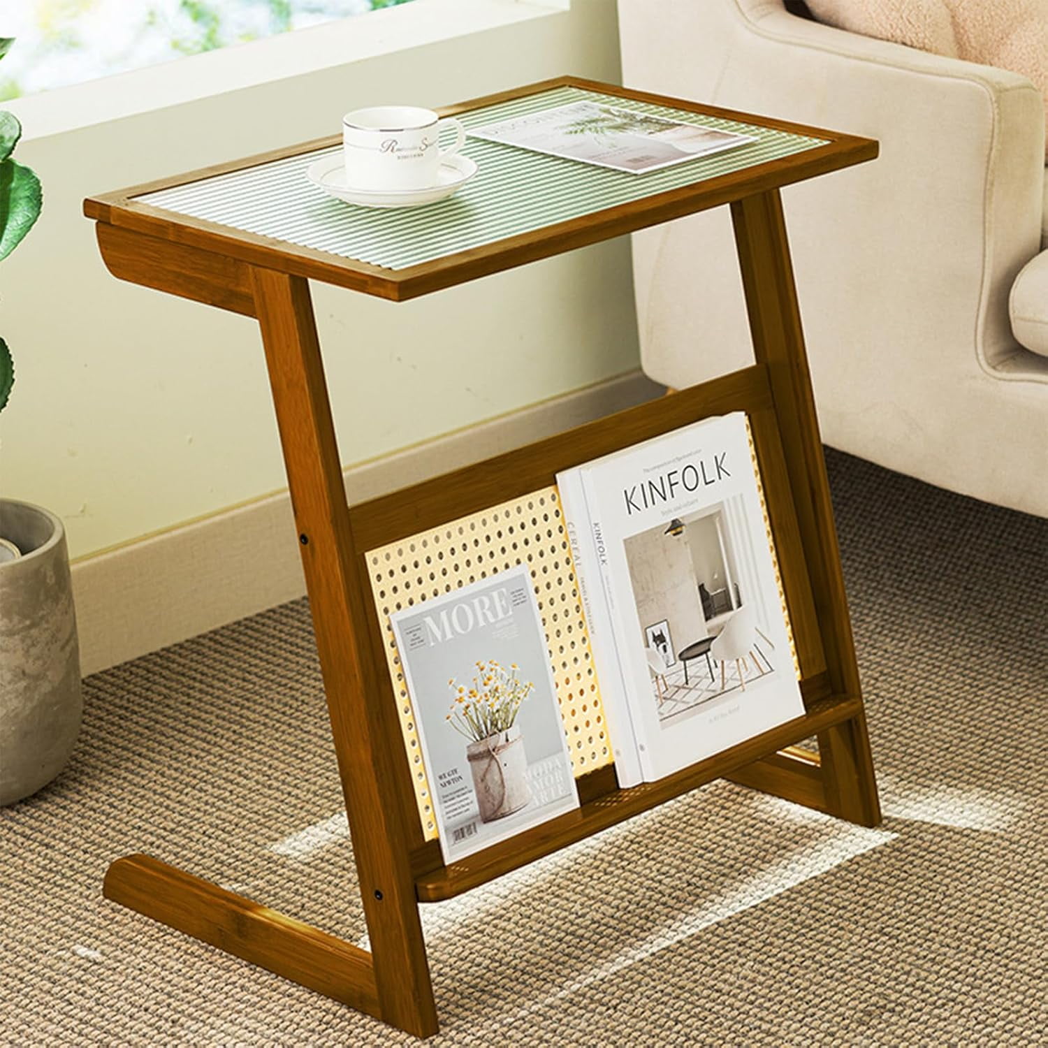 Rattan Side Table End Table, Boho NightStand Modern Bedside Table with ...