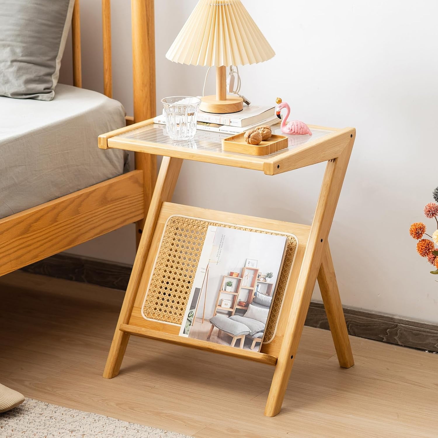 Rattan Side Table, Mid Century Modern Coffee Table with Magazine Rack ...