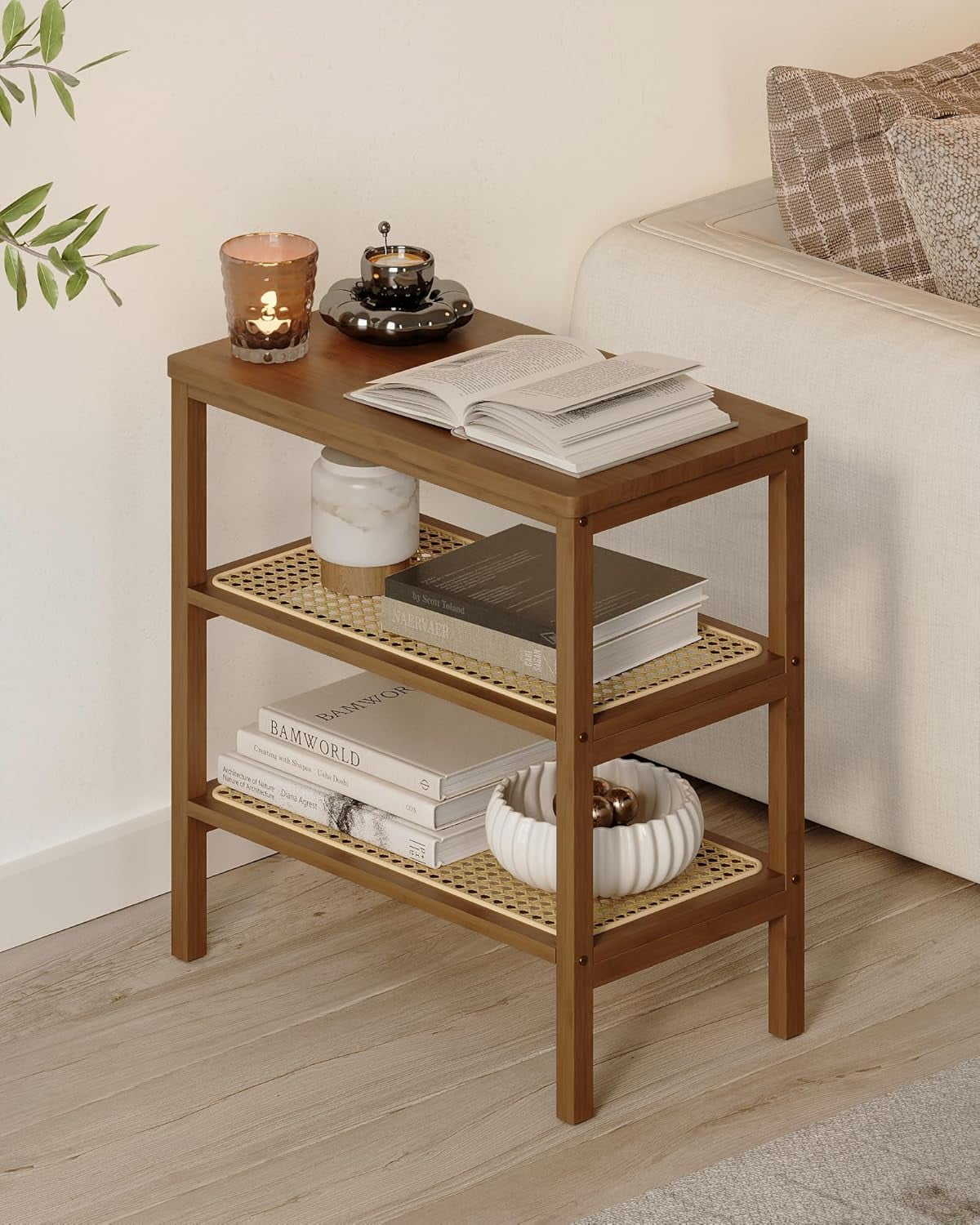 Rattan Side Table Mid Century Modern End Table 3-Tier with Storage ...