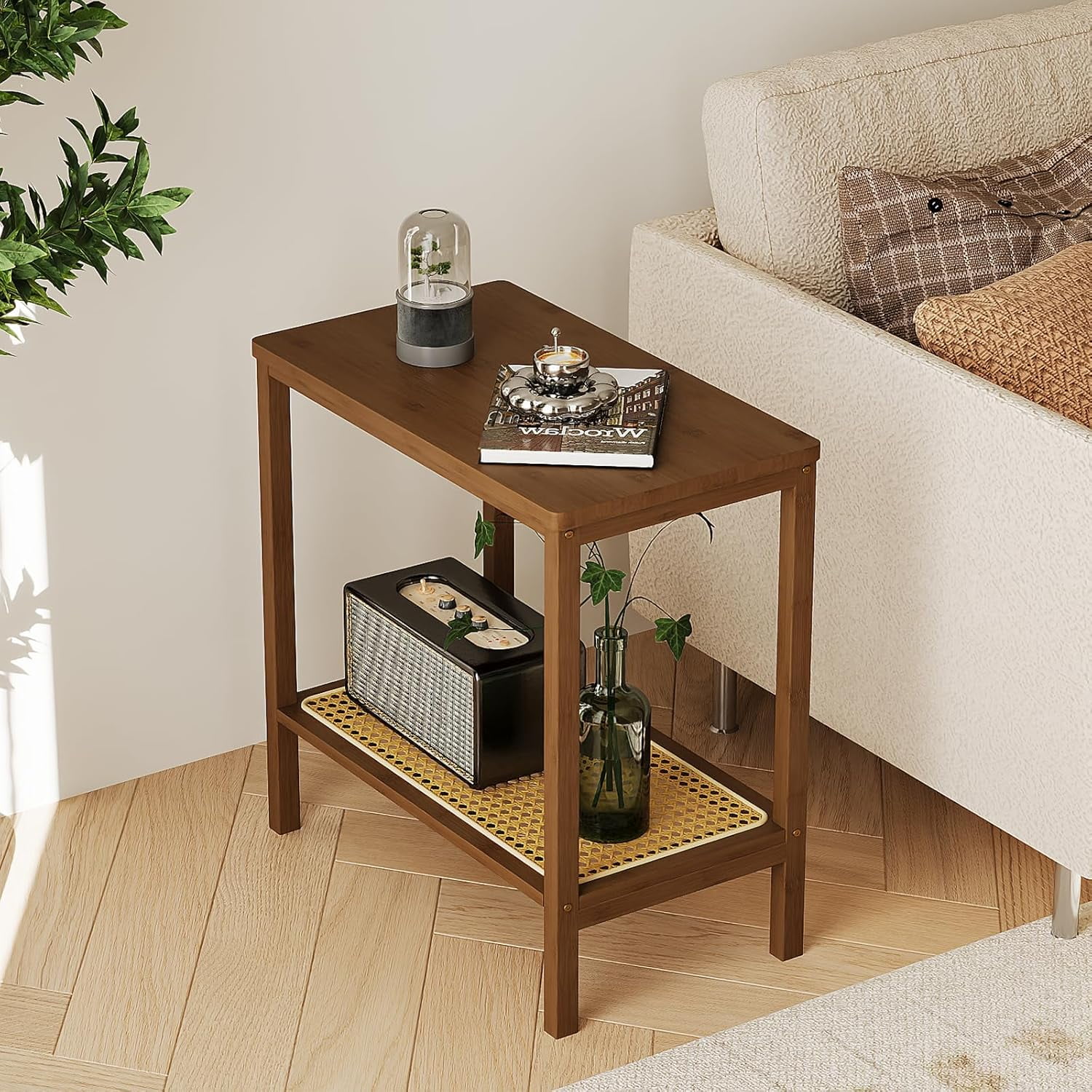 Rattan Side Table Mid Century Modern End Table Living Room 2-Tier End ...
