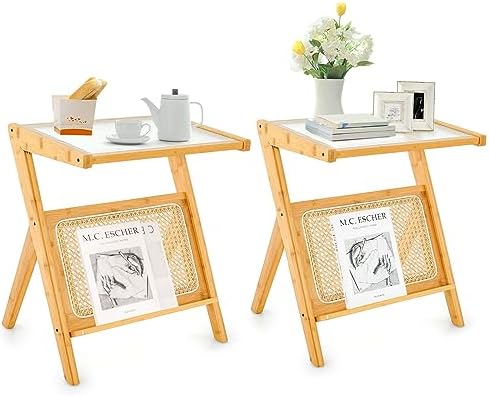 Rattan Side Table Set of 2, Z-Shaped End Table with Tempered Glass Top ...
