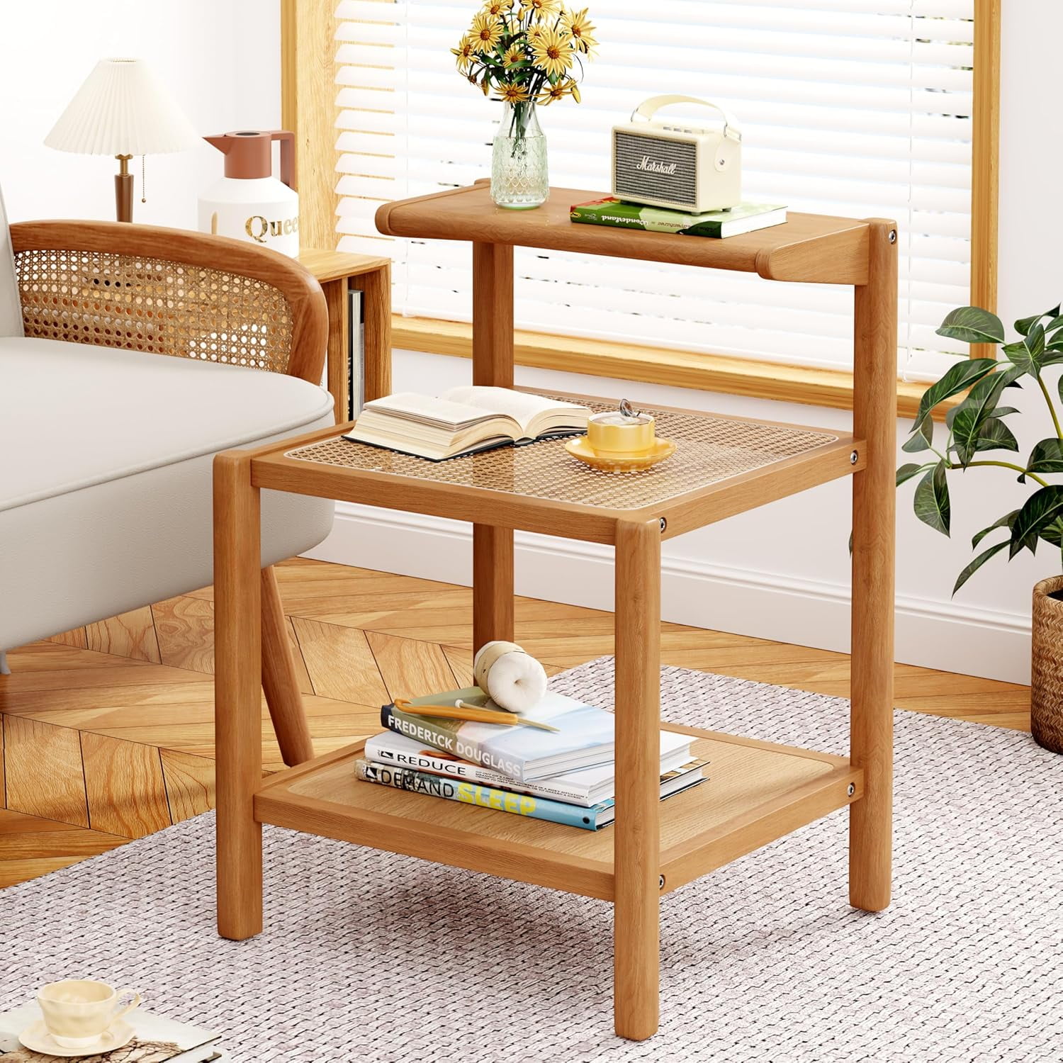 Rattan Side Table Small end Table mid Century Living Room Wooden Side ...