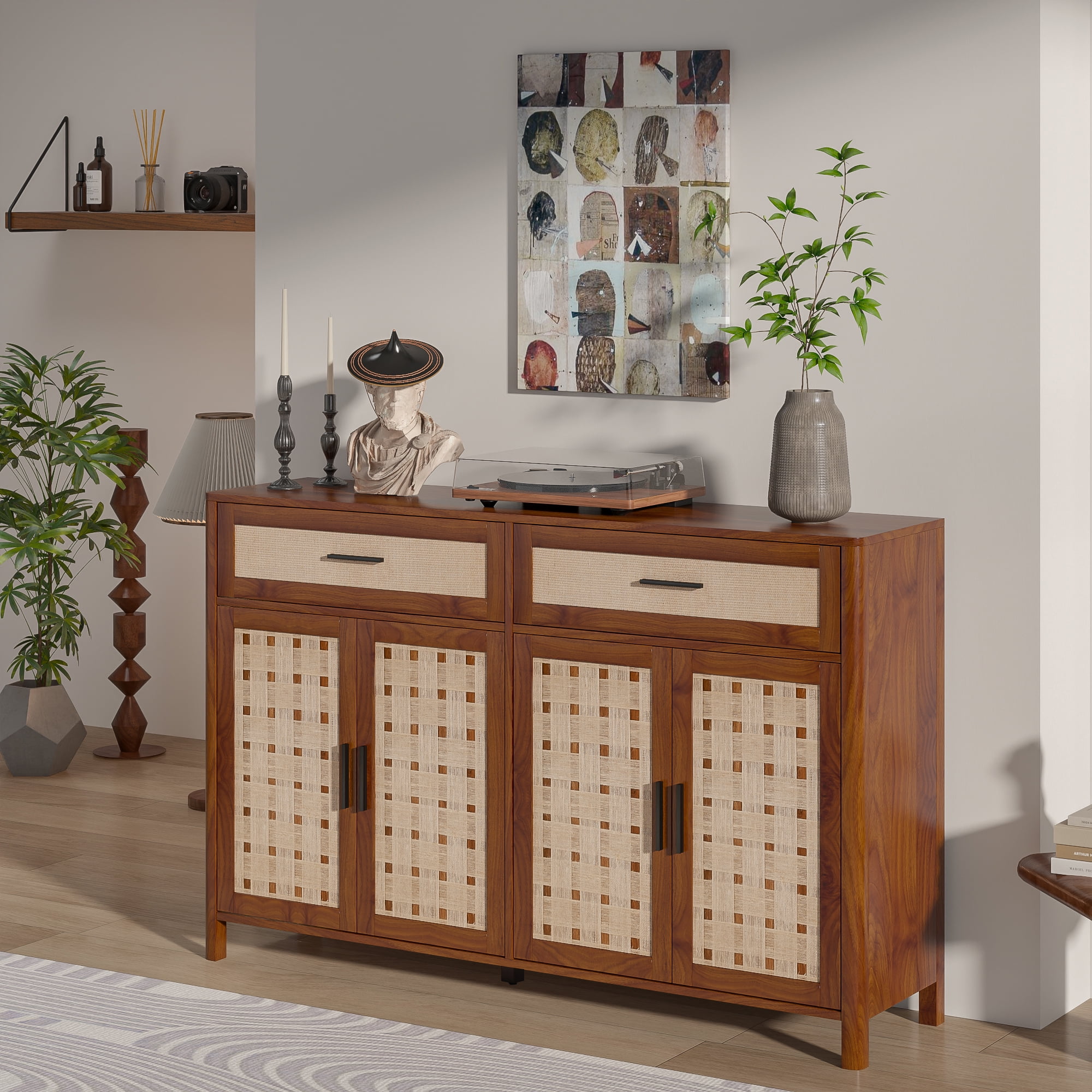 Rattan Sideboard Accent Storage Cabinet, Freestanding Kitchen Buffet ...
