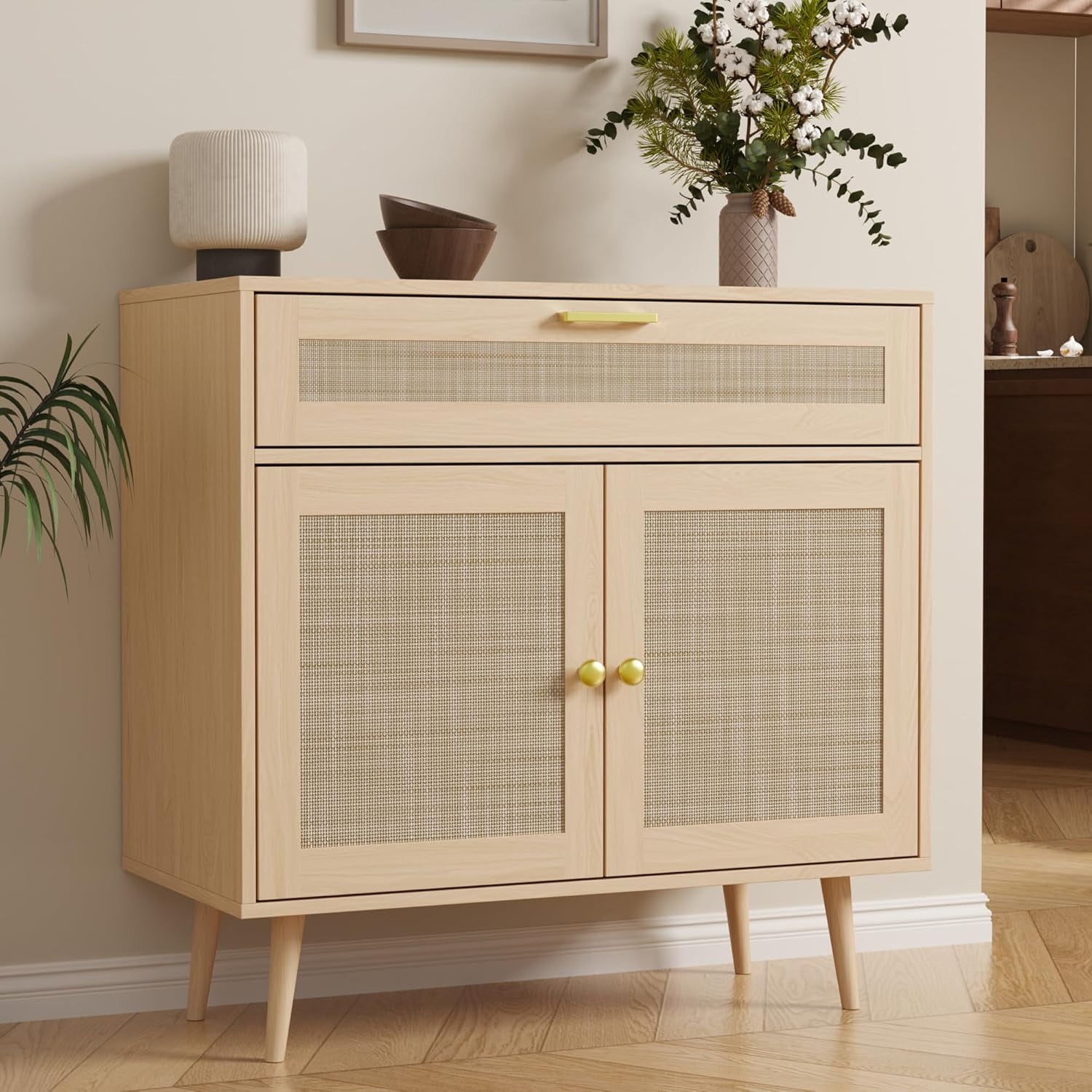 Rattan Sideboard Buffet, Boho Kitchen Cabinet with Drawer & 2 Doors ...