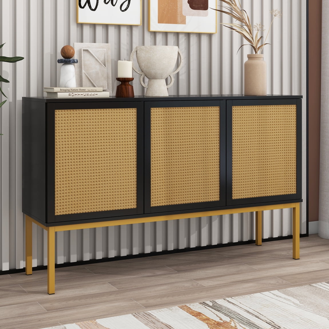 Rattan Sideboard Buffet Cabinet with 3 Drawers, Large Storage Cabinet ...