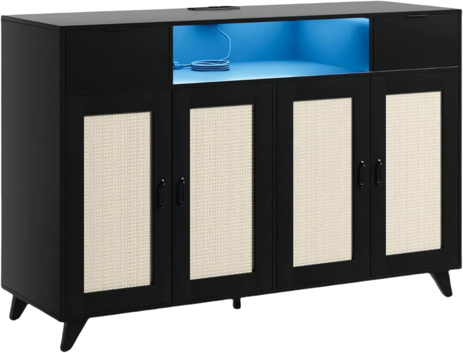 Rattan Sideboard Buffet Cabinet With LED Lights, 2 Drawers 2 Doors ...