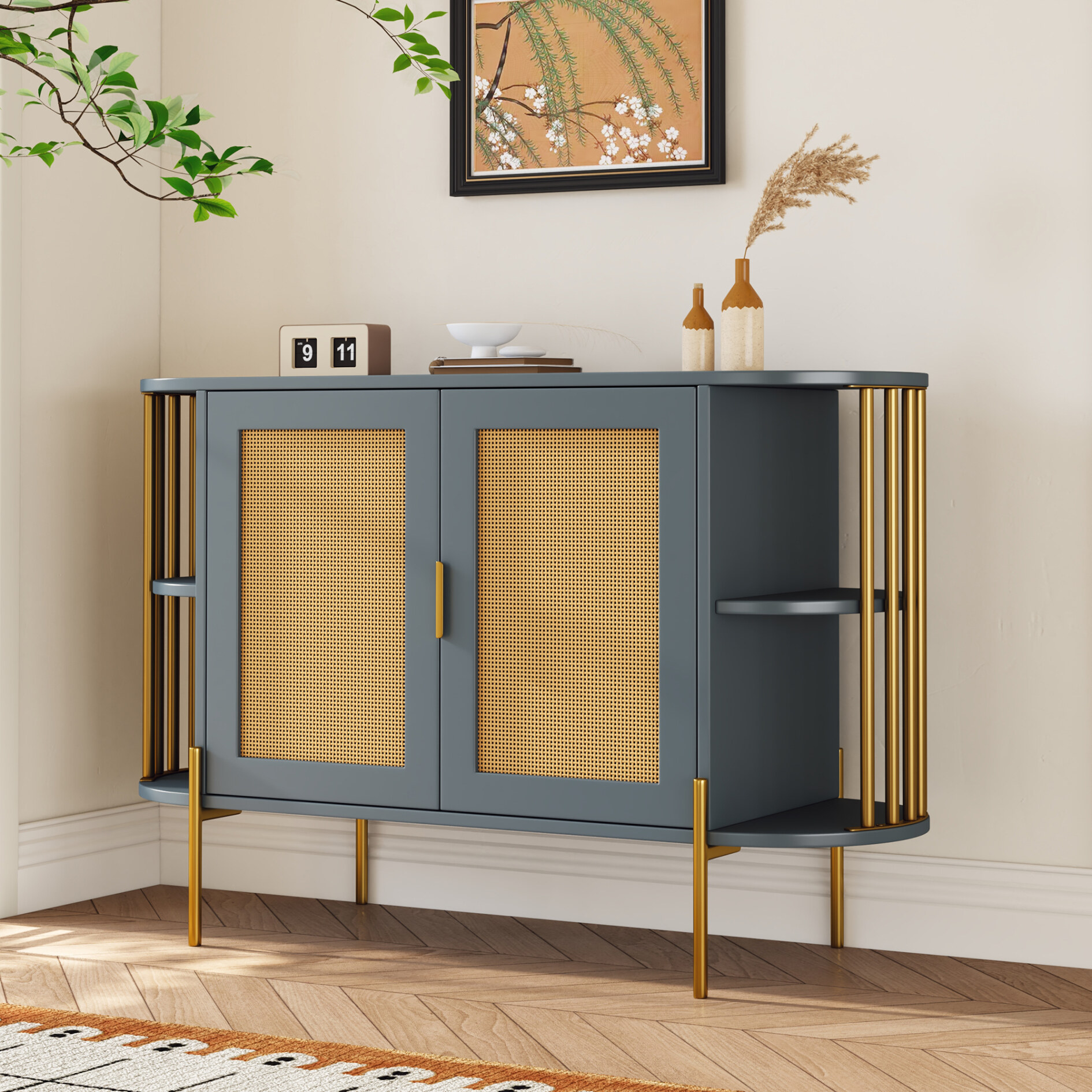 Rattan Sideboard Buffet Cabinet Set of 2, Elegant Curved Dining Cabinet ...