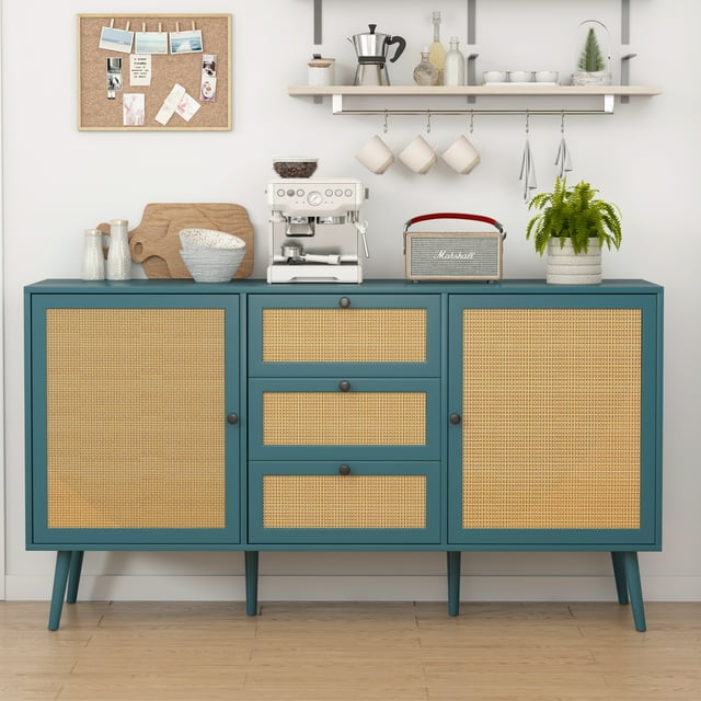 Rattan Sideboard Buffet Cabinet with Storage, Cabinet with 2 Doors and Adjustable Shelves ...