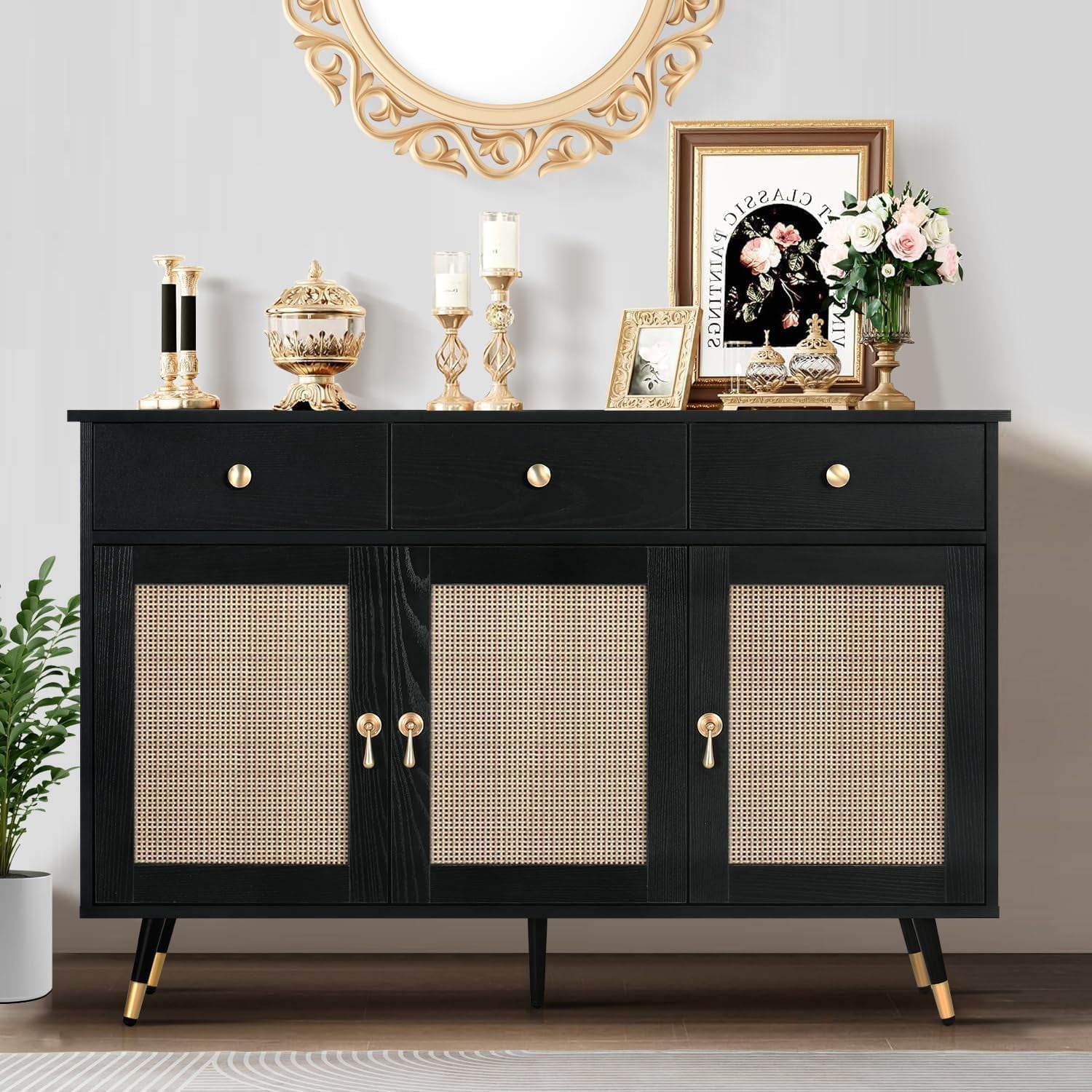 Rattan Sideboard Buffet Cabinet with Storage, Black and Rattan ...