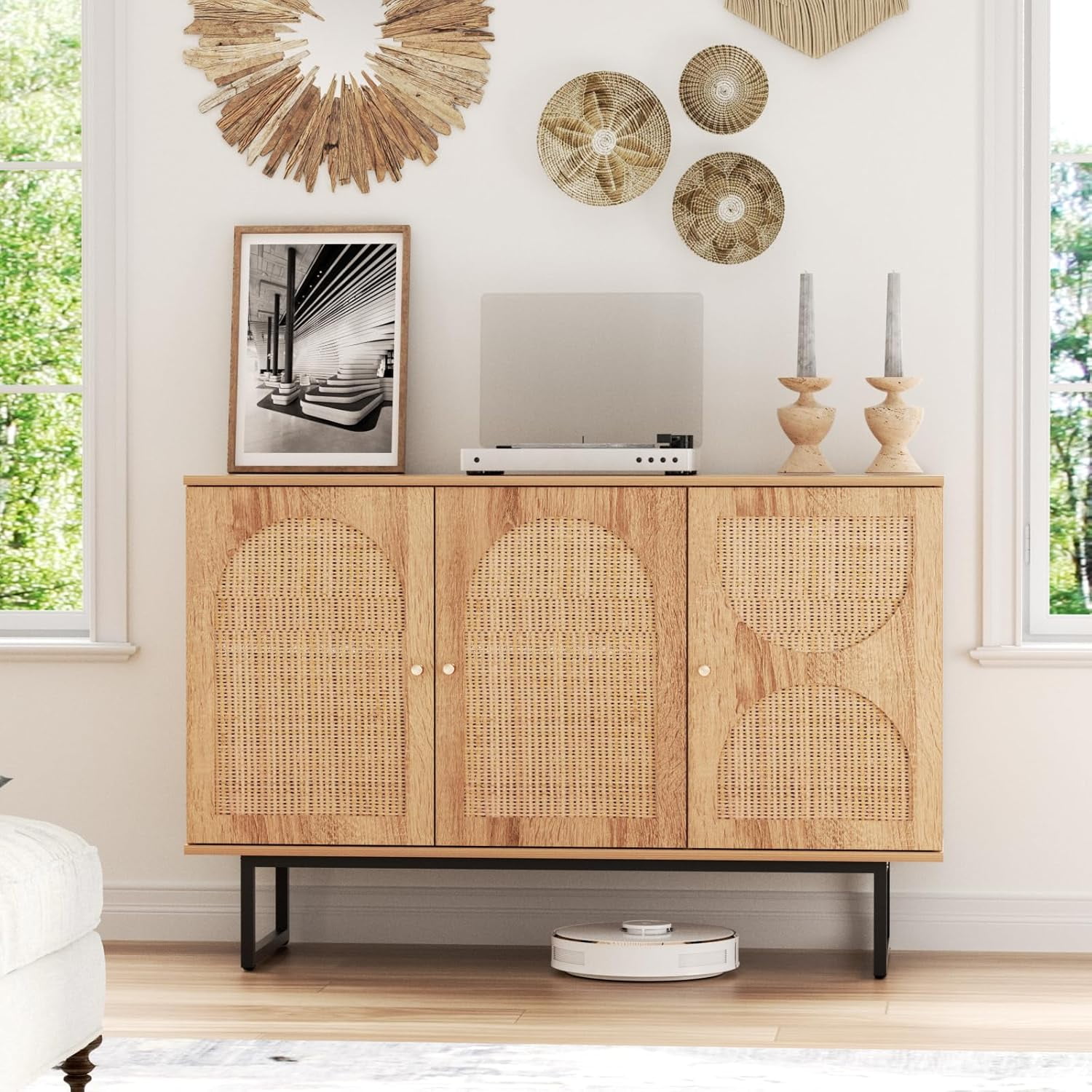 Rattan Sideboard Buffet Cabinet with Storage, Boho Farmhouse Wood ...