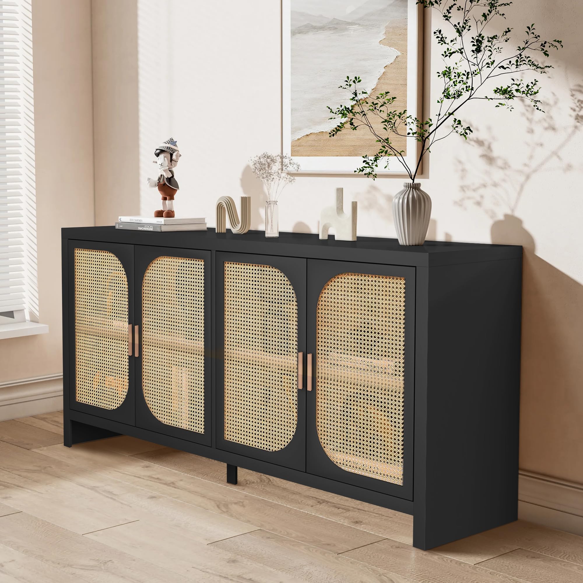 KUOESYN Rattan Sideboard Buffet Cabinet with Storage, Wooden Cabinet ...