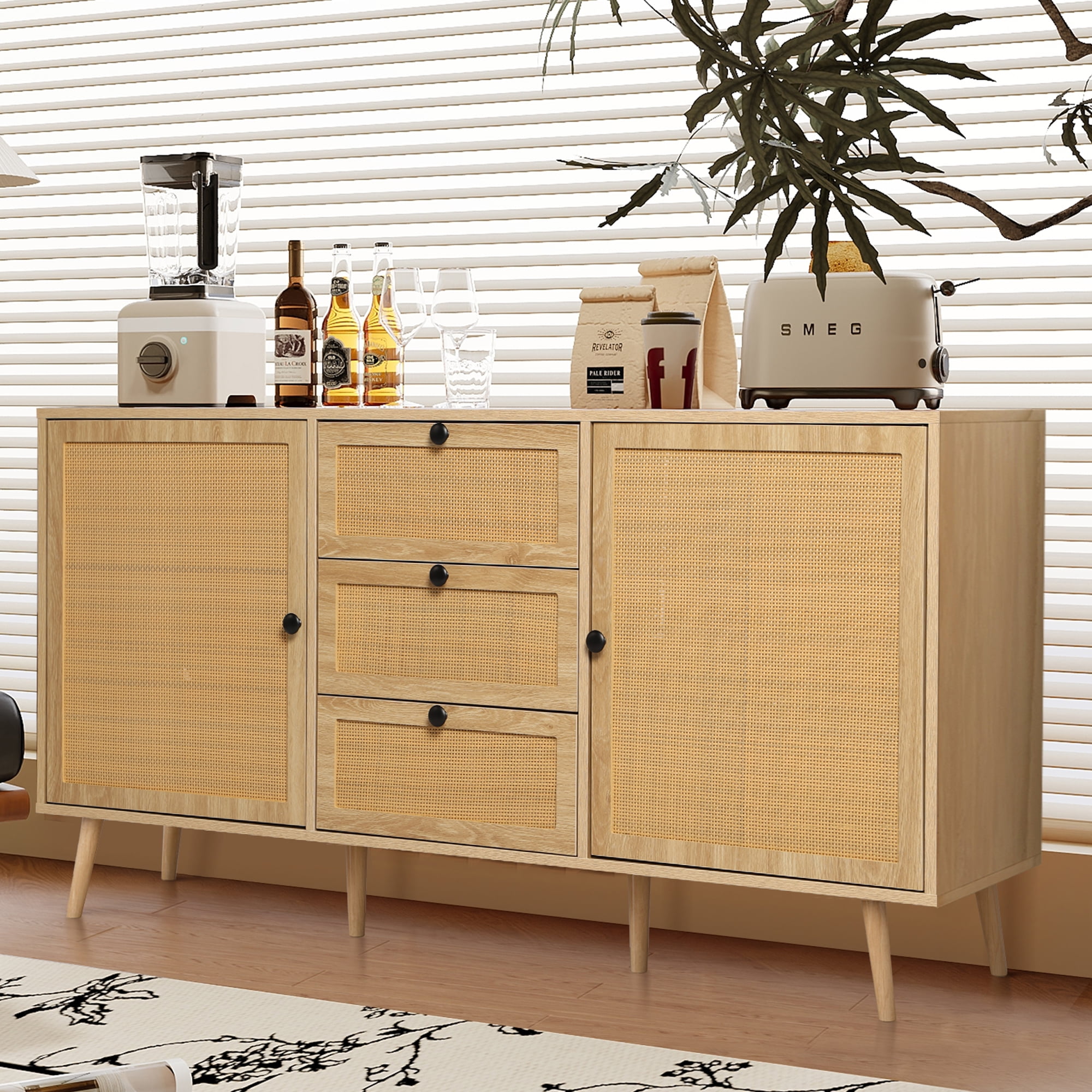 Rattan Sideboard Buffets Cabinet Farmhouse Boho Buffet Sideboard with 3 ...