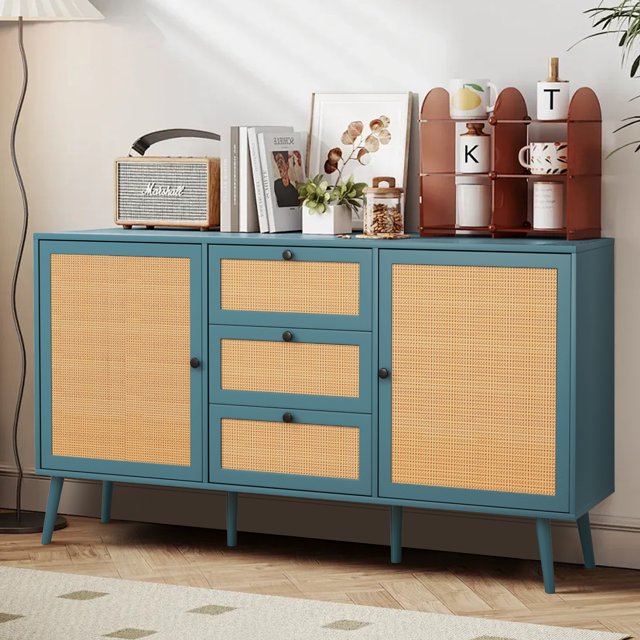 Rattan Sideboard Buffets Cabinet Farmhouse Boho Buffet Sideboard with 3 Drawers and 2 Doors ...