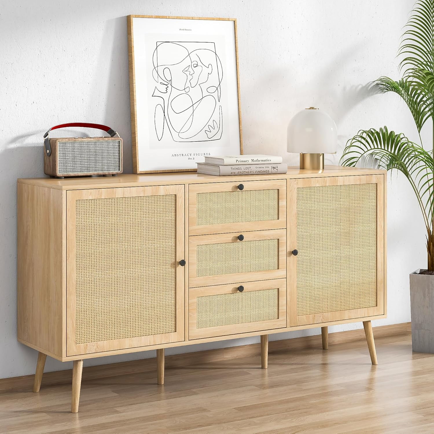 Rattan Sideboard Buffets Cabinet Farmhouse Boho Buffet Sideboard with 3 ...