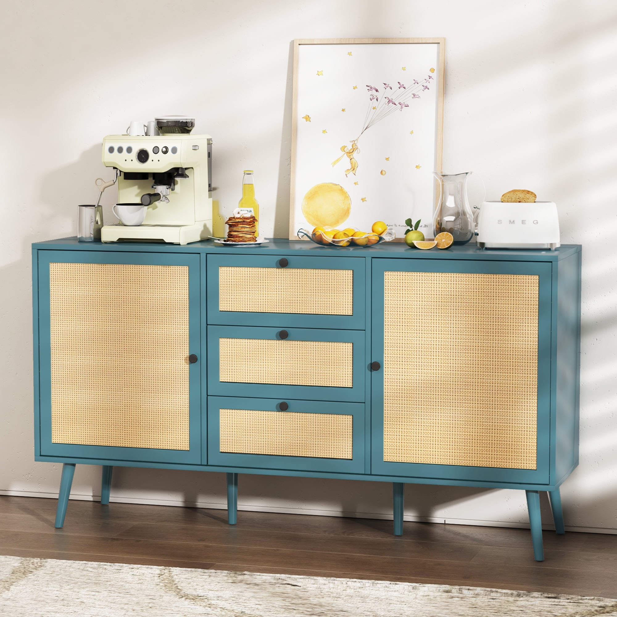 Rattan Sideboard Buffets Cabinet Farmhouse Boho Storage Cabinet with 3 ...