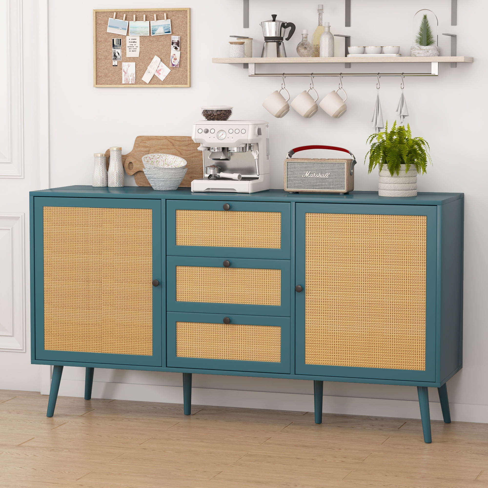 Rustic Wood Rattan Sideboard Buffet Cabinet - 3 Drawers & 2 Doors ...