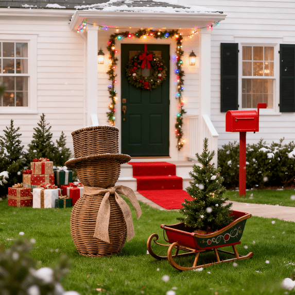 Rattan Snowman Figurine with Scarf - Rustic Wicker Snowman Statue 11 ...