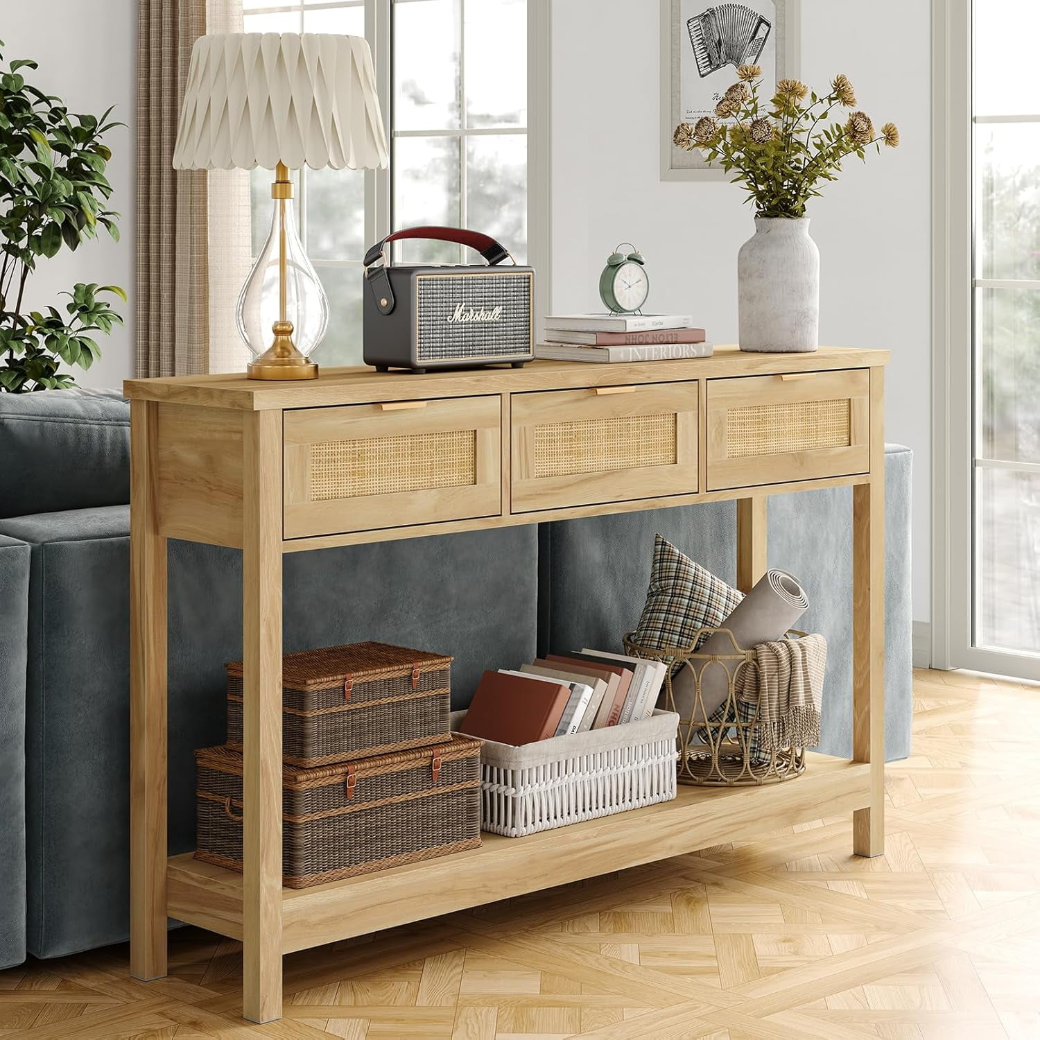 Rattan Sofa Table Narrow Long Boho Entryway Table with 3 Drawers and ...