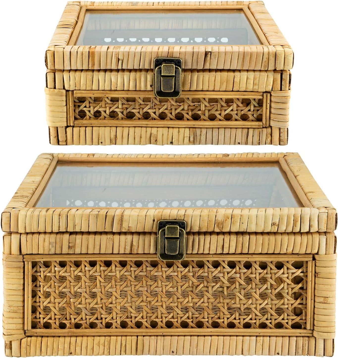 Rattan Square Box with Lid - Set of 2 Wicker Decorative Bins with Glass ...