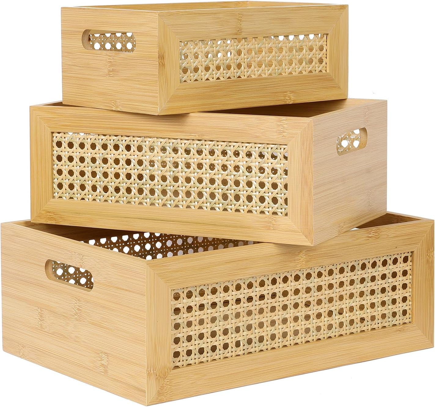 Rattan Storage Basket Set of 3 Natural Bamboo Wooden Baskets with ...