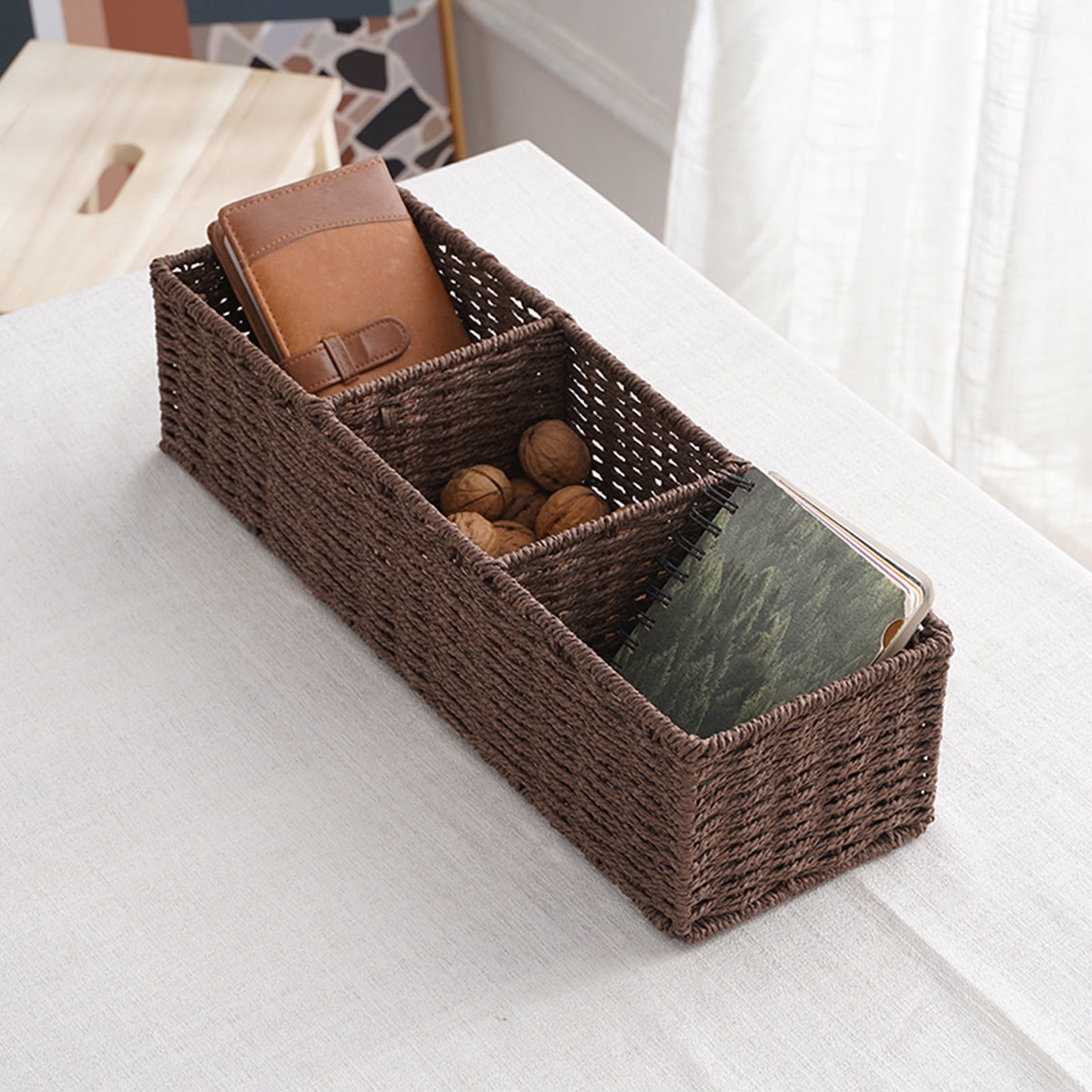 Rattan Storage Basket Wicker Divided Basket,3 Sections Modern Multi ...
