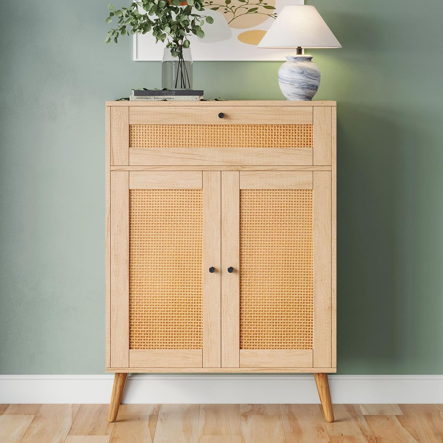 Rattan Storage Cabinet, 2-Door Oak Sideboard with Drawers, Buffet ...