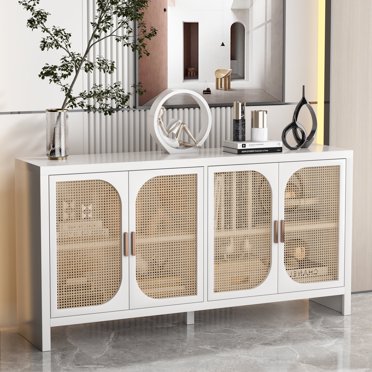 Black Buffet with 4 Doors, Rattan Sideboards and Buffets, Wooden ...