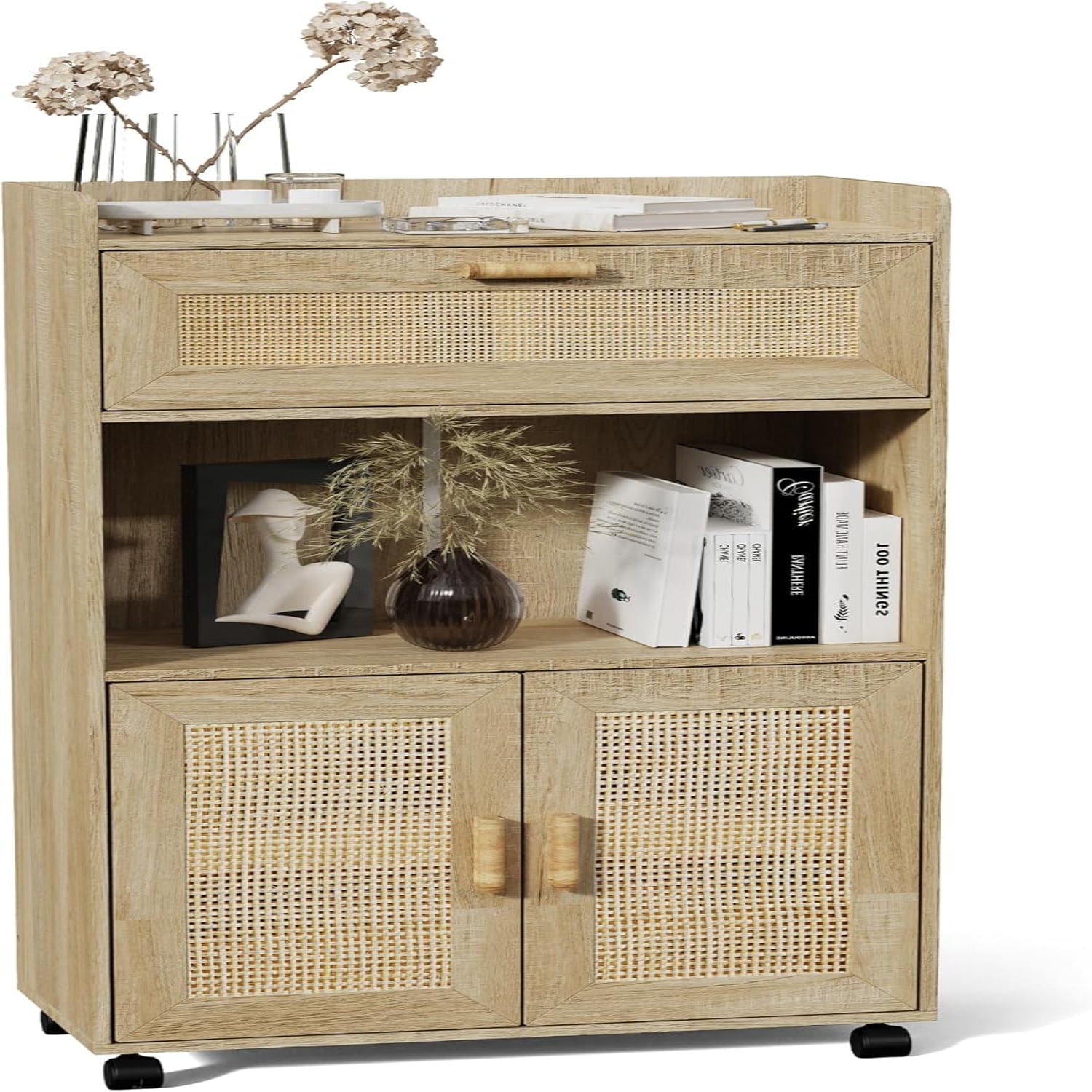 Rattan Storage Cabinet Bathroom Cabinet with Mobile Wheels & 2 Rattan ...