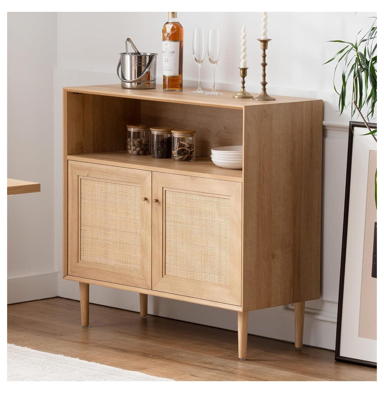 Rattan Storage Cabinet Boho Sideboard Buffet with Natural Rattan Doors, Farmhouse Credenza ...