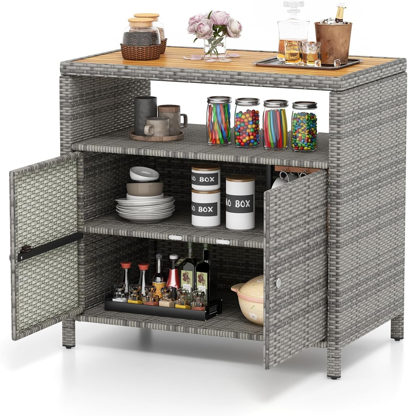 Rattan Storage Cabinet, Outdoor Patiojoy Buffet Cabinet with Acacia ...