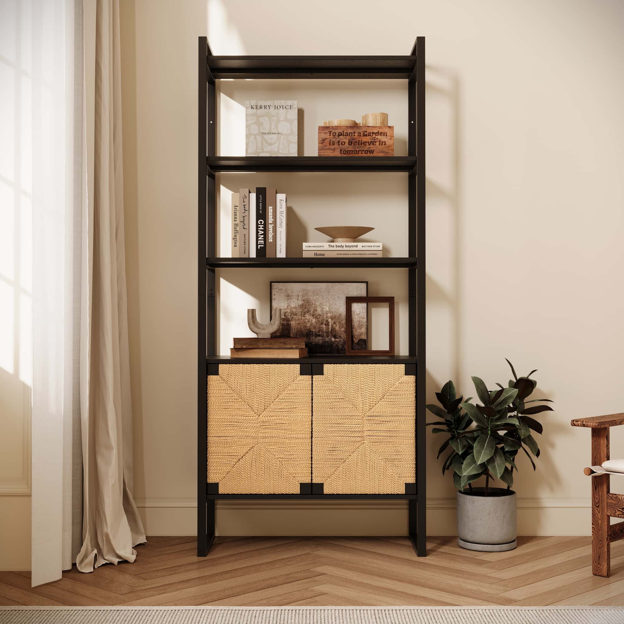 Rattan Storage Cabinet, Tall Narrow Bookshelf with Woven Doors, Dual ...