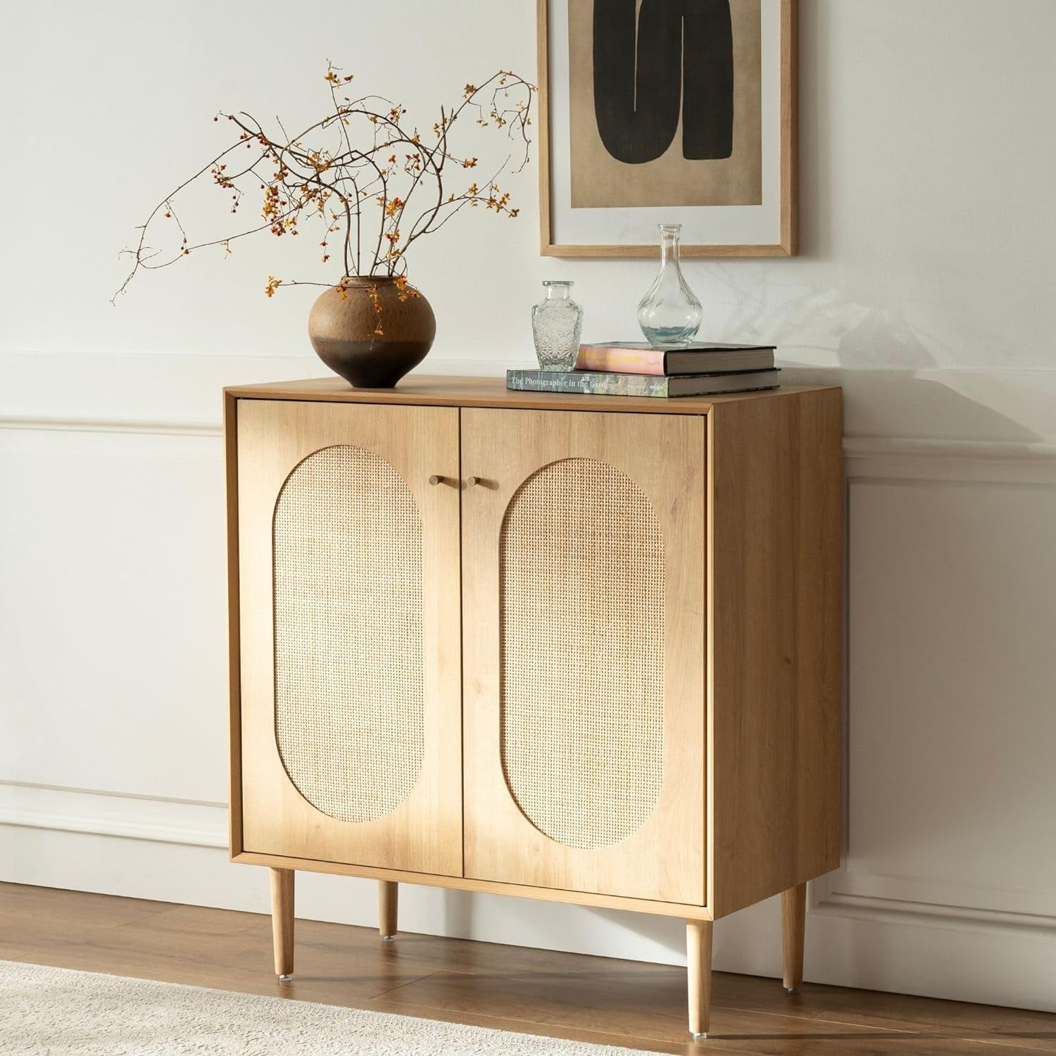 Rattan Storage Cabinet with Shelves, Narrow Buffet Sideboard Cabinet ...